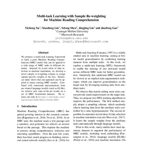 Multi Task Learning With Sample Re Weighting For Machine Reading Comprehension Acl Anthology