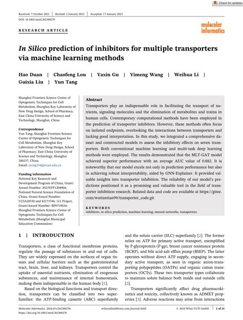 Pdf In Silico Prediction Of Inhibitors For Multiple Transporters Via Machine Learning Methods
