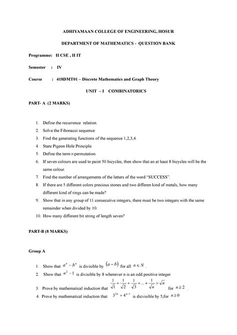 DMT CSE Unit I Short Notes ADHIYAMAAN COLLEGE OF ENGINEERING HOSUR DEPARTMENT OF