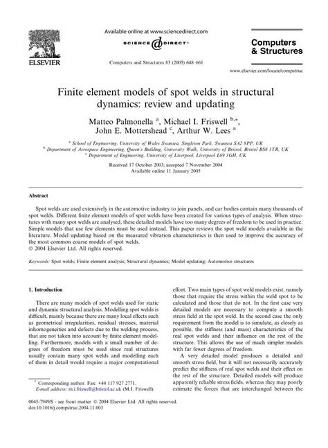 pdf finite element models of spot welds in structural dynamics