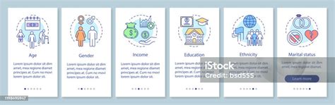 선형 개념으로 모바일 앱 페이지 화면을 온보딩하는 인구 통계학적 특성입니다 잠재고객 세분화 연습 단계 그래픽 지침 Ux Ui 그림이 있는 Gui 벡터 템플릿 아이콘에 대한