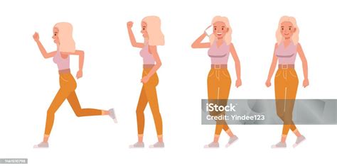 여성 라이프 스타일 세트는 분홍색 셔츠 컬러 캐릭터 벡터 디자인을 착용합니다 감정 달리기 서기 및 걷기로 다양한 행동으로 프레젠테이션 직업에 대한 스톡 벡터 아트 및 기타