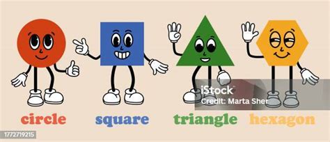 얼굴 감정 손과 다리를 가진 재미있는 만화 기본 기하학적 인물 다른 모양 원 사각형 삼각형 육각형 트렌디한 복고풍 만화 스타일의