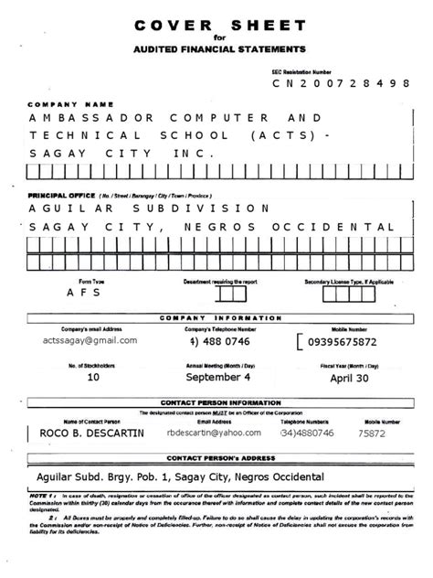Cover Sheet Sec Financial Statement