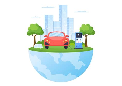 녹색 환경 생태 지속 가능성 또는 깨끗한 공기를 사용하는 충전기 및 케이블 플러그의 개념으로 전기 자동차 배터리를 충전합니다 벡터 일러스트 레이 션 프리미엄 벡터