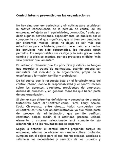 Control Interno Preventivo En Las Organizaciones Pdf Gestión De