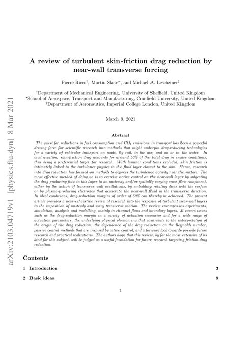 Pdf A Review Of Turbulent Skin Friction Drag Reduction By Near Wall Transverse Forcing