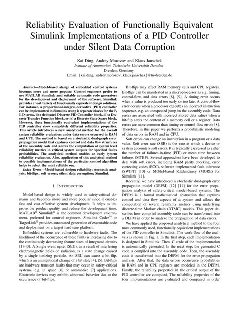 Pdf Reliability Evaluation Of Functionally Equivalent Simulink Implementations Of A Pid