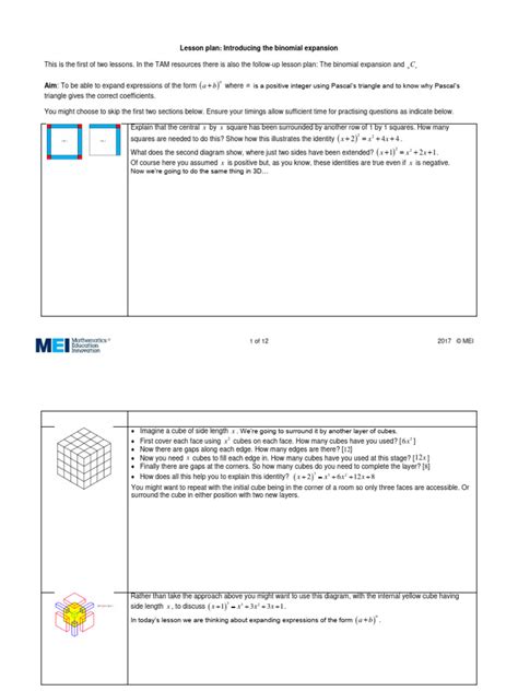Lesson Plan Introducing The Binomial Expansion Pdf Algebra Arithmetic