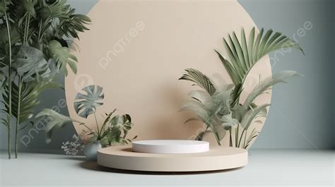 많은 식물 옆에 서 있는 흰색 원형 트레이 식물 제품 프레젠테이션 배경이 있는 3d 렌더링 최소 플랫폼 연단 고화질 사진 사진 배경 일러스트 및 사진 무료 다운로드