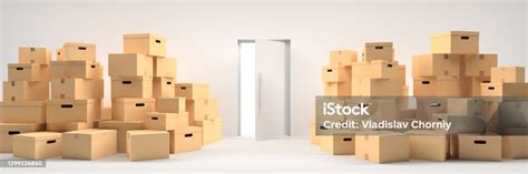 흰색 방과 열린 문에 바닥에 골판지 상자 하우스 무빙 컨셉 0명에 대한 스톡 사진 및 기타 이미지 0명 3차원 형태 가득 찬 Istock