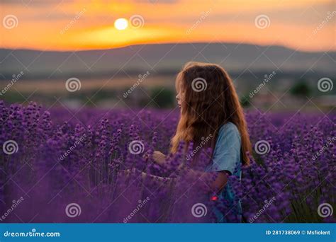 Girl Lavender Field Laughing Girl In A Blue Dress With Flowing Hair In