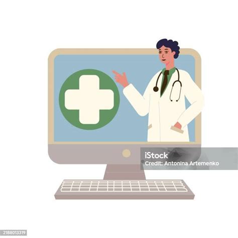 온라인 의료 서비스 또는 원격 의료 상담을 나타내는 의료 십자가 기호를 가리키는 컴퓨터 화면의 의사 건강 진단에 대한 스톡 벡터 아트 및 기타 이미지 Istock