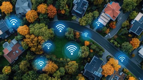 Aerial View Of Suburban Homes With Visible Wifi Signals Indicating