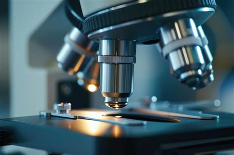 Premium Photo Microscope With Metal Lens In Laboratory