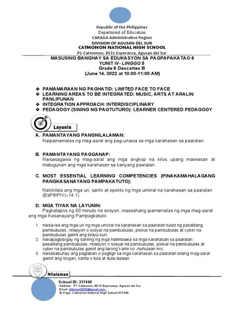 Esp 8 Lesson Plan With Annotation Final Mga Karahasan Sa Paaralan Pdf