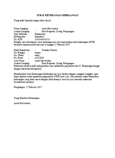 Detail Surat Pernyataan Kehilangan Dokumen Koleksi Nomer