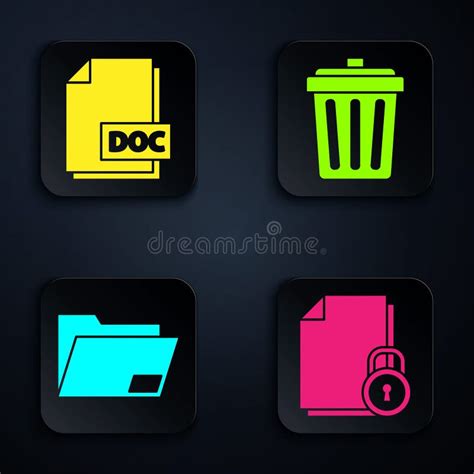 Set Document And Lock Doc File Document Document Folder And Trash Can Black Square Button