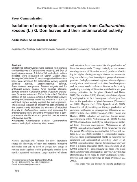 Pdf Isolation Of Endophytic Actinomycetes From Catharanthes Roseus L G Don Leaves And