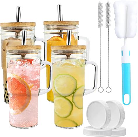 Yuanye 4 Piece 24oz Mason Handle Glass Cups With Lids And