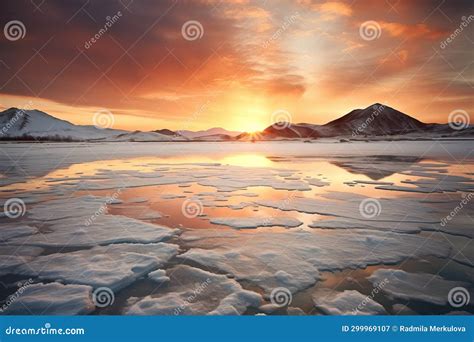 The Fractured Surface Of A Frozen Lake Showcasing The Beauty Of Ice In Its Broken Form Stock