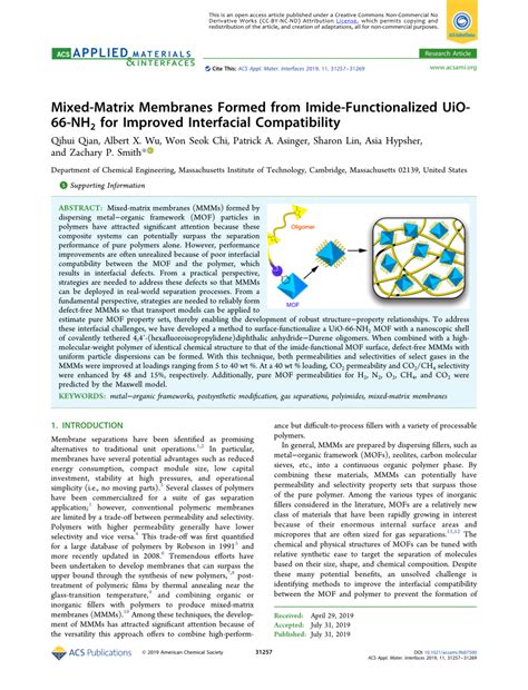 Pdf Mixed Matrix Membranes Formed From Imide Functionalized Uio 66 Nh2 For Improved