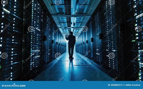 Man Walking Between Illuminated Server Racks In A Data Center Stock Illustration Illustration