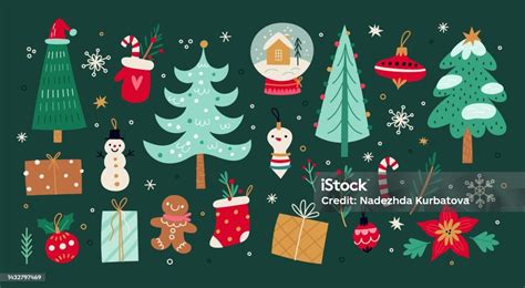 장난감과 함께 만화 크리스마스 트리 아름다운 유리 보블 눈사람과 진저 브레드 사람 침엽수 림 식물 스노우 글로브와 선물 상자 크리스마스 양말 휴일 재미있는 물건 화려한 벡터