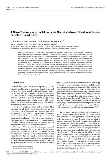 Pdf A Game Theoretic Approach To Analyse Security Between Smart Vehicles And Parcels In Smart