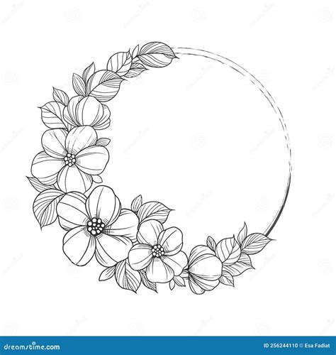 Flower Frame Outline Double Round Floral Circle Border Botanical Line