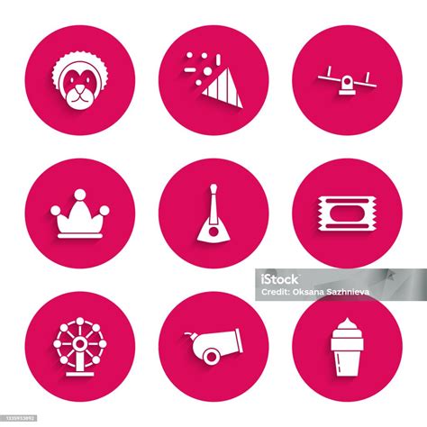 세트 발라이카 캐논 아이스크림 서커스 티켓 관람차 종소리가있는 제스터 모자 시소와 야생 사자 아이콘 벡터 관람차에 대한 스톡 벡터 아트 및 기타 이미지 Istock