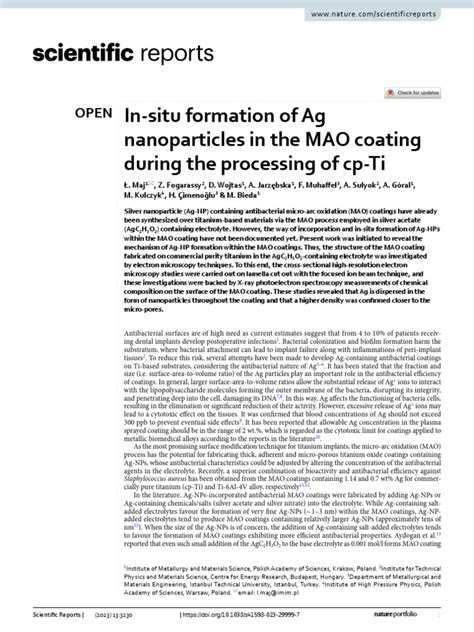 In Situ Formation Ofag Particles In The Mao Coating During The Processing Of Cpt Pdf Silver