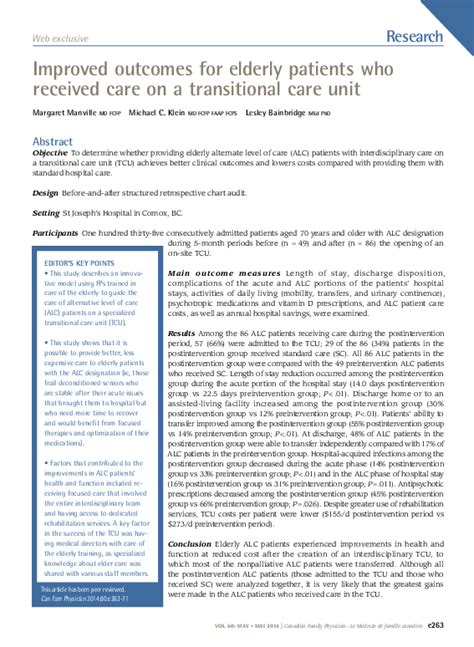 Pdf Improved Outcomes For Elderly Patients Who Received Care On A Transitional Care Unit