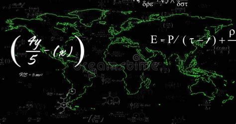 Animating Mathematical Equations And Chemical Formulas Over World Map With Green Outlines Stock