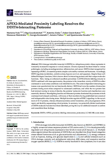 Pdf Apex2 Mediated Proximity Labeling Resolves The Ddit4 Interacting Proteome Marianna Naki