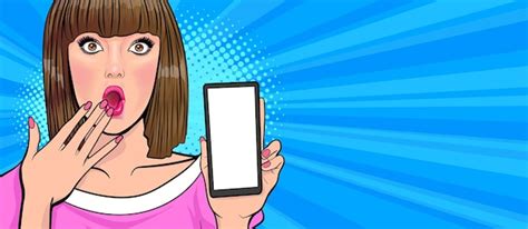 놀란 아름다운 여자가 팝 아트 만화 스타일처럼 보입니다 프리미엄 벡터