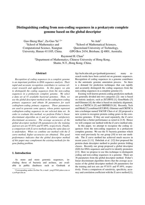 PDF Distinguishing Coding From Non Coding Sequences In A Prokaryote Complete Genome Based On