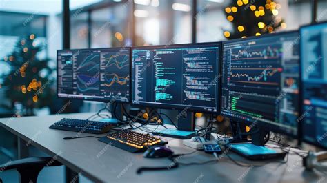 Modern Workstation With Multiple Monitors And Code On Screens Premium Ai Generated Image