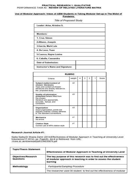 Rrl Matrix Sample For You Pdf Survey Methodology Educational