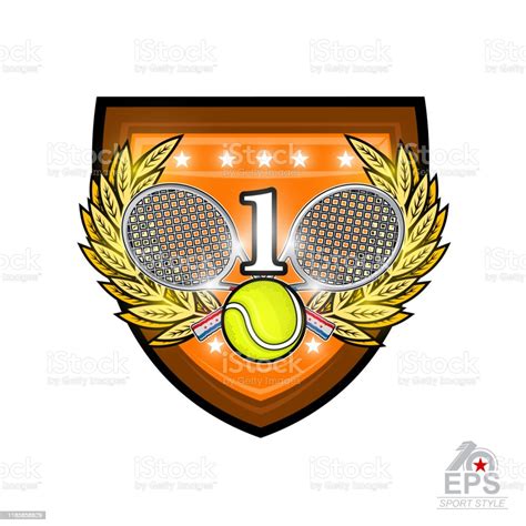 방패에 황금 화환의 중간에 테니스 공과 번호를 하나의 교차 라켓 모든 팀 또는 경쟁 격리 흰색에 대한 벡터 스포츠 라벨 0명에 대한 스톡 벡터 아트 및 기타 이미지 Istock