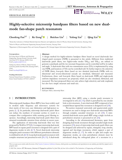 Pdf Highly‐selective Microstrip Bandpass Filters Based On New Dual‐mode Fan‐shape Patch Resonators