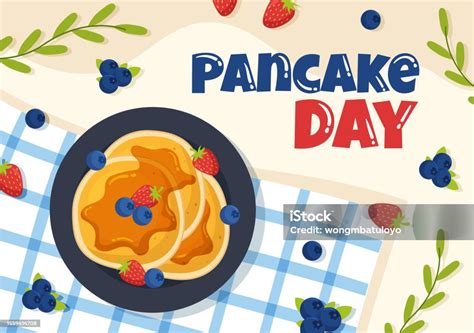 팬케이크 데이 벡터 일러스트레이션 수제 베이커리 플랫 만화 손으로 그린 템플릿에 시럽 체리 블루베리를 얹은 팬케이크 한 접시 9