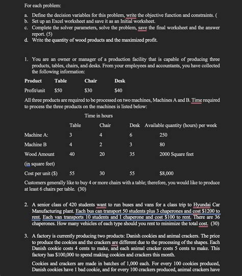 For Each Problem A Define The Decision Variables Chegg