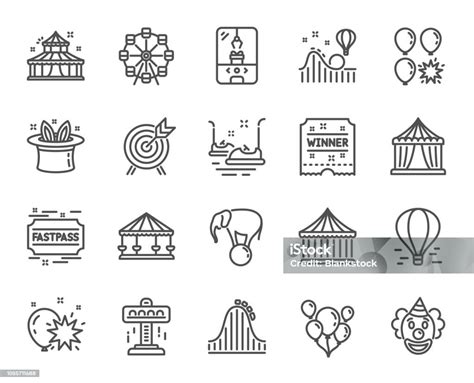 놀이 공원 라인 아이콘입니다 Carousels 롤러 코스터 서커스의 집합입니다 벡터 갈고리 발톱에 대한 스톡 벡터 아트 및 기타 이미지 갈고리 발톱 고급 공연