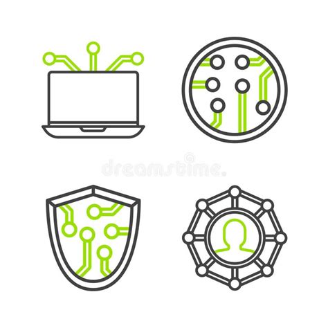 Set Line Project Team Base Cyber Security Processor And Laptop Icon Vector Stock Vector