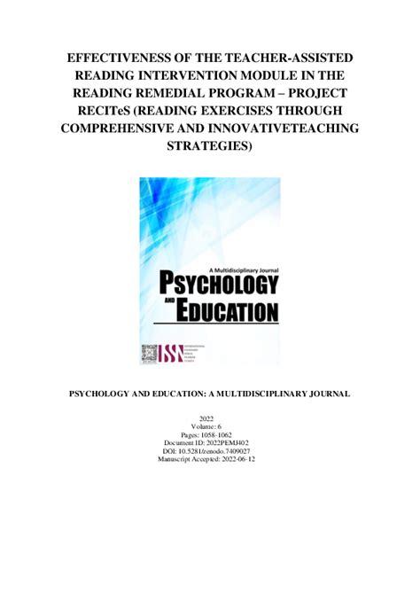 Pdf Effectiveness Of The Teacher Assisted Reading Intervention Module In The Reading Remedial