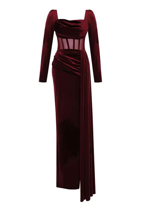 Maroon Velvet Long Sleeve Long Dress Engagement And Wedding Keikei