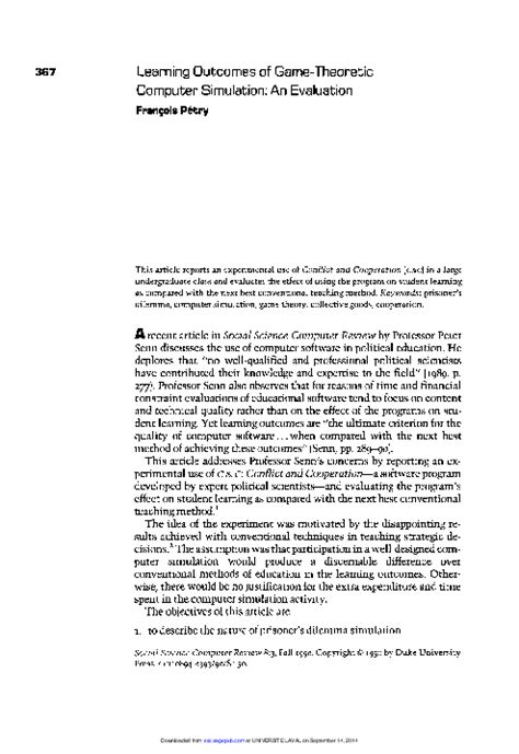 “learning outcomes of game theoretic computer simulation an evaluation ” social science
