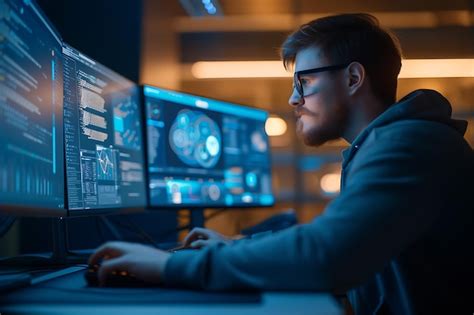 Premium Photo Man At Computer Modern Depiction
