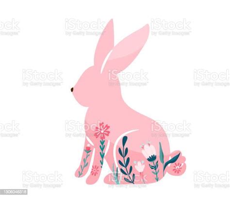부활절 토끼 벡터 일러스트레이션 꽃무늬가 있는 핑크 토끼 흰색 배경에 고립된 토끼 모양 안에 꽃 장식 플랫 만화 스칸디나비아